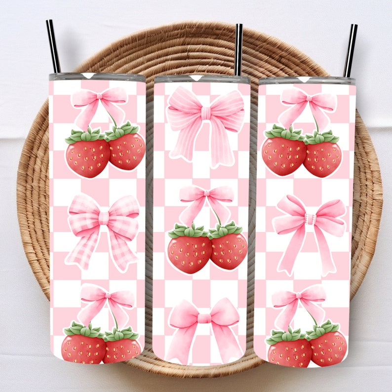 Pink Coquette Strawberries Sublimation PNG With Checkered Background ...