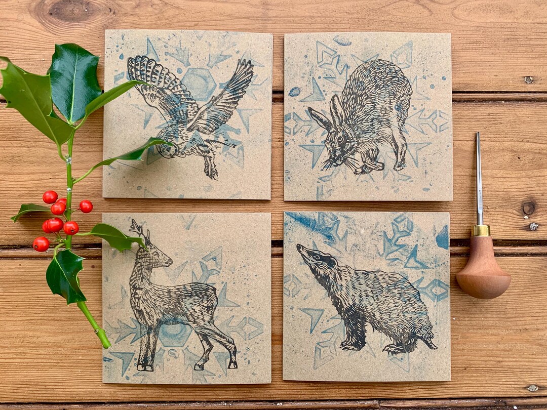 Linocut Handprinted Christmas Cards Pack of 4 Square Kraft Blank Cards ...