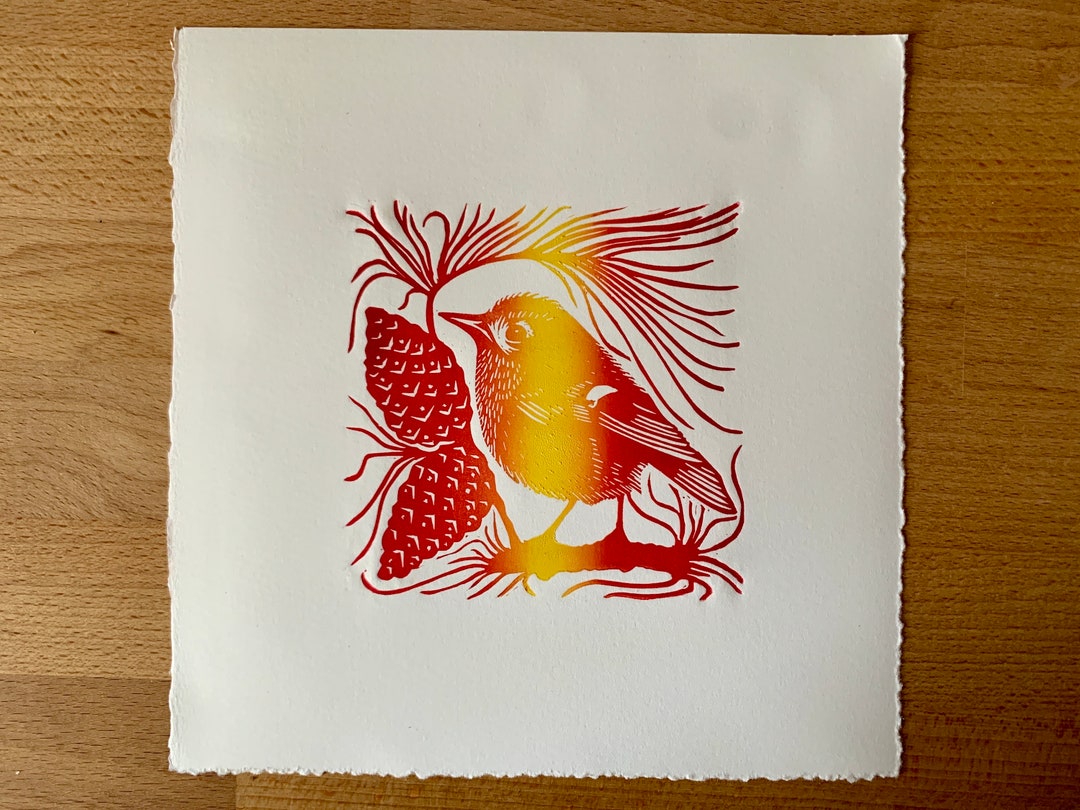 Goldcrest | Ombré Coloured Linoprint | Pine Cone | Original Handmade ...