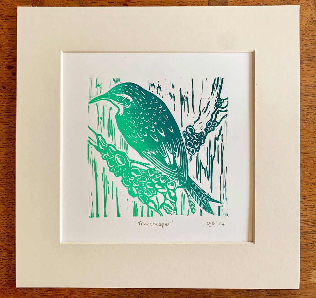 Treecreeper | Ombré Coloured Linoprint | Moss & Lichen | Original ...