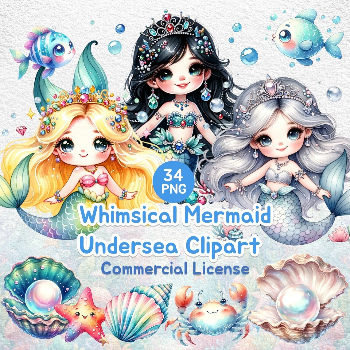 Whimsical Mermaid Undersea Clipart Fish Crab Shell Oyster Starfish ...