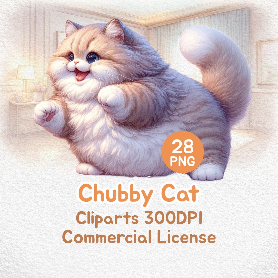 Chubby Cat Digital PNG Clipart 300 DPI Watercolor Style Cat Clipart ...