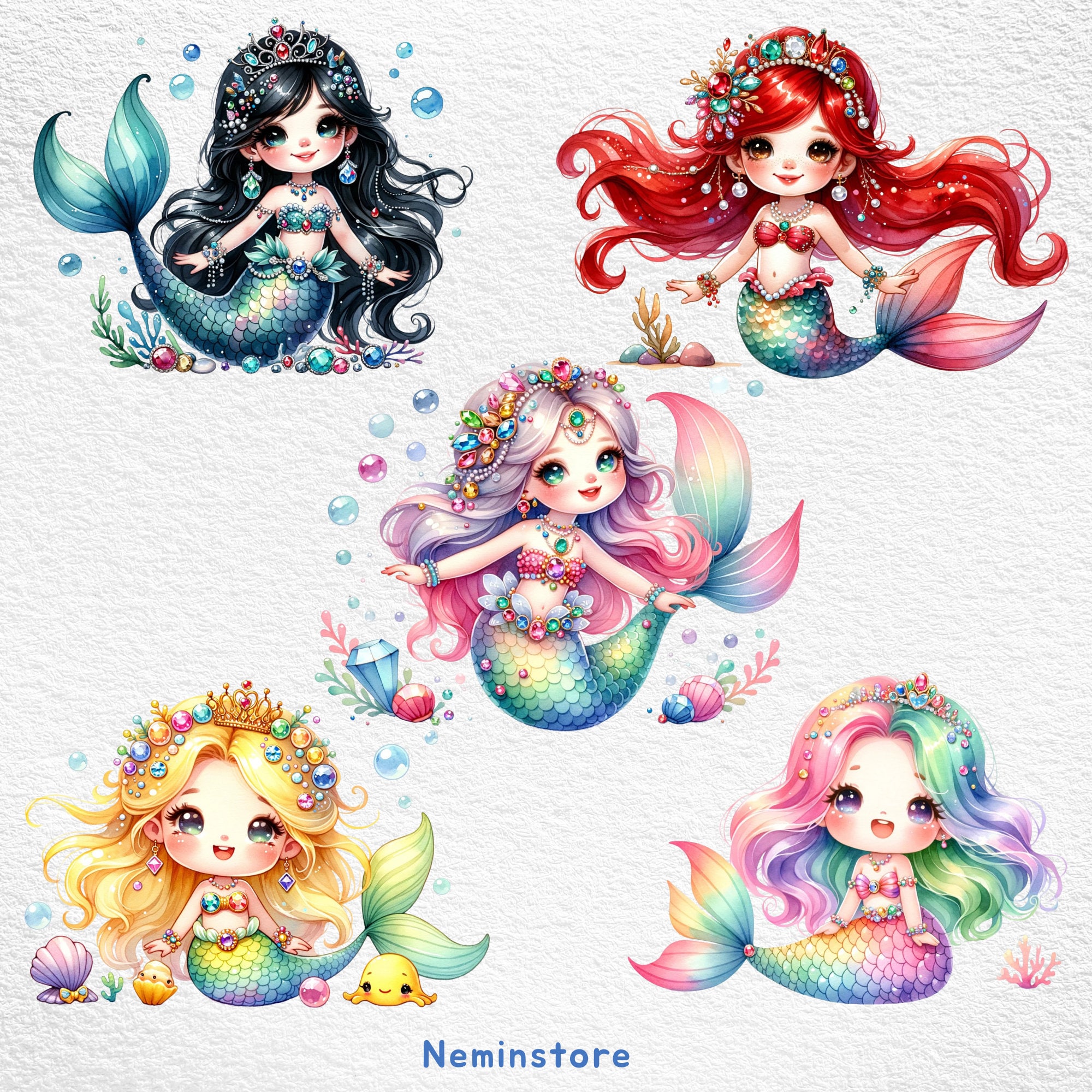 Whimsical Mermaid Undersea Clipart Fish Crab Shell Oyster Starfish ...