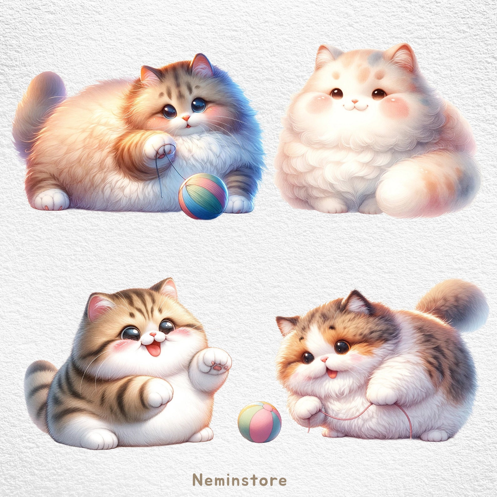 Chubby Cat Digital PNG Clipart 300 DPI Watercolor Style Cat Clipart ...