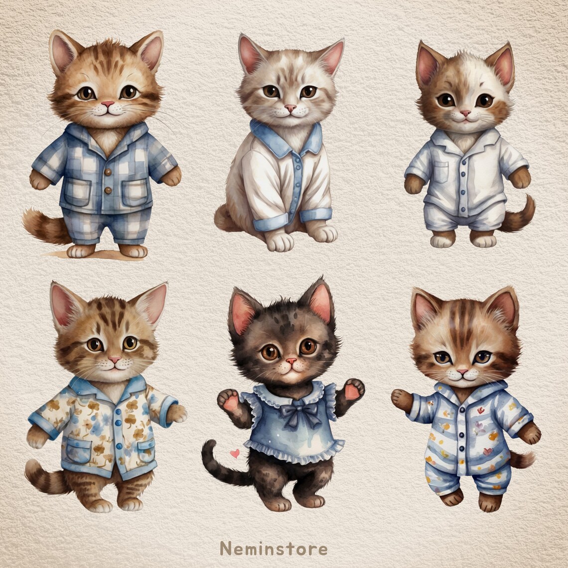 Cute Cat Pajamas Digital PNG Clipart 300 DPI Watercolor Style - Cat ...