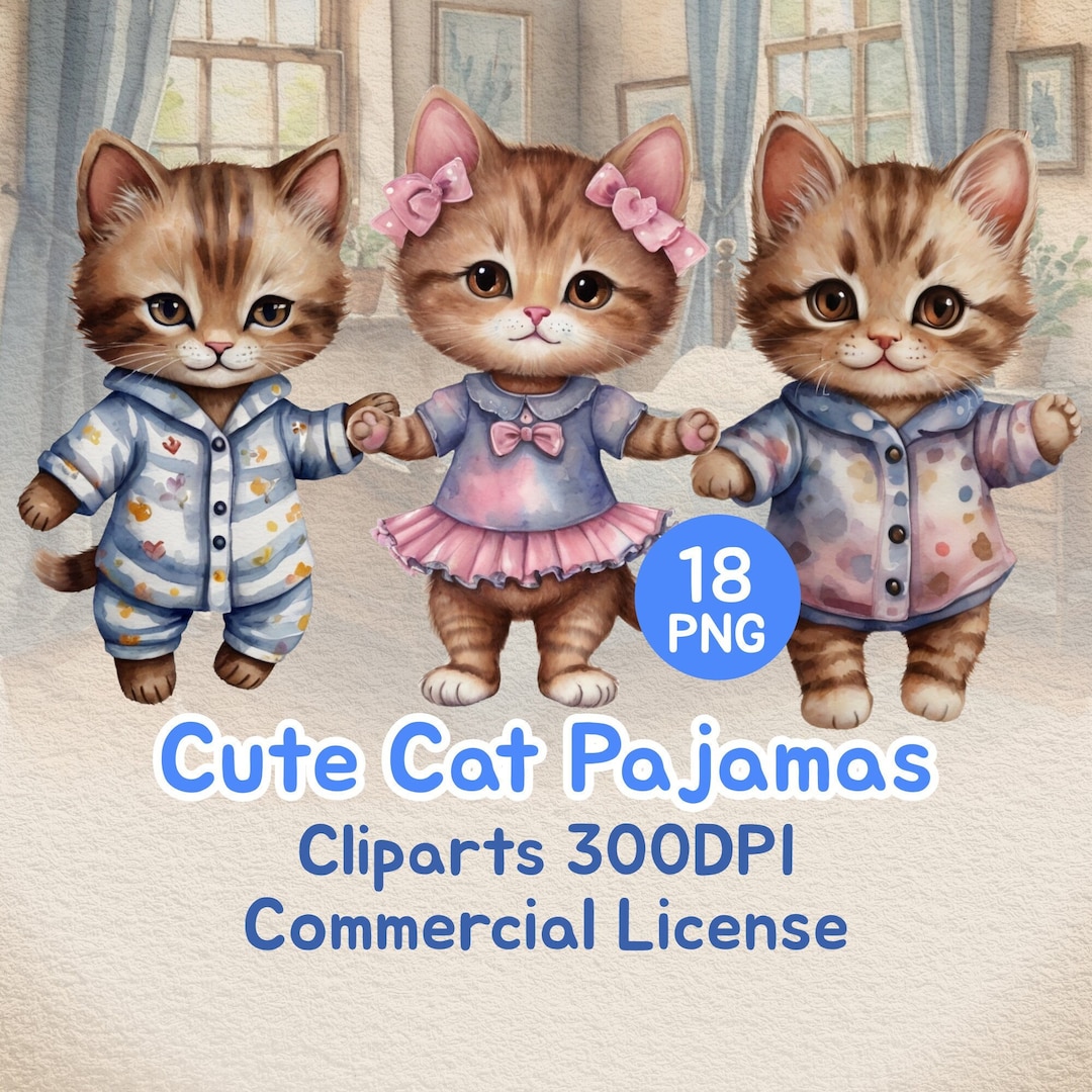 Cute Cat Pajamas Digital PNG Clipart 300 DPI Watercolor Style - Cat ...