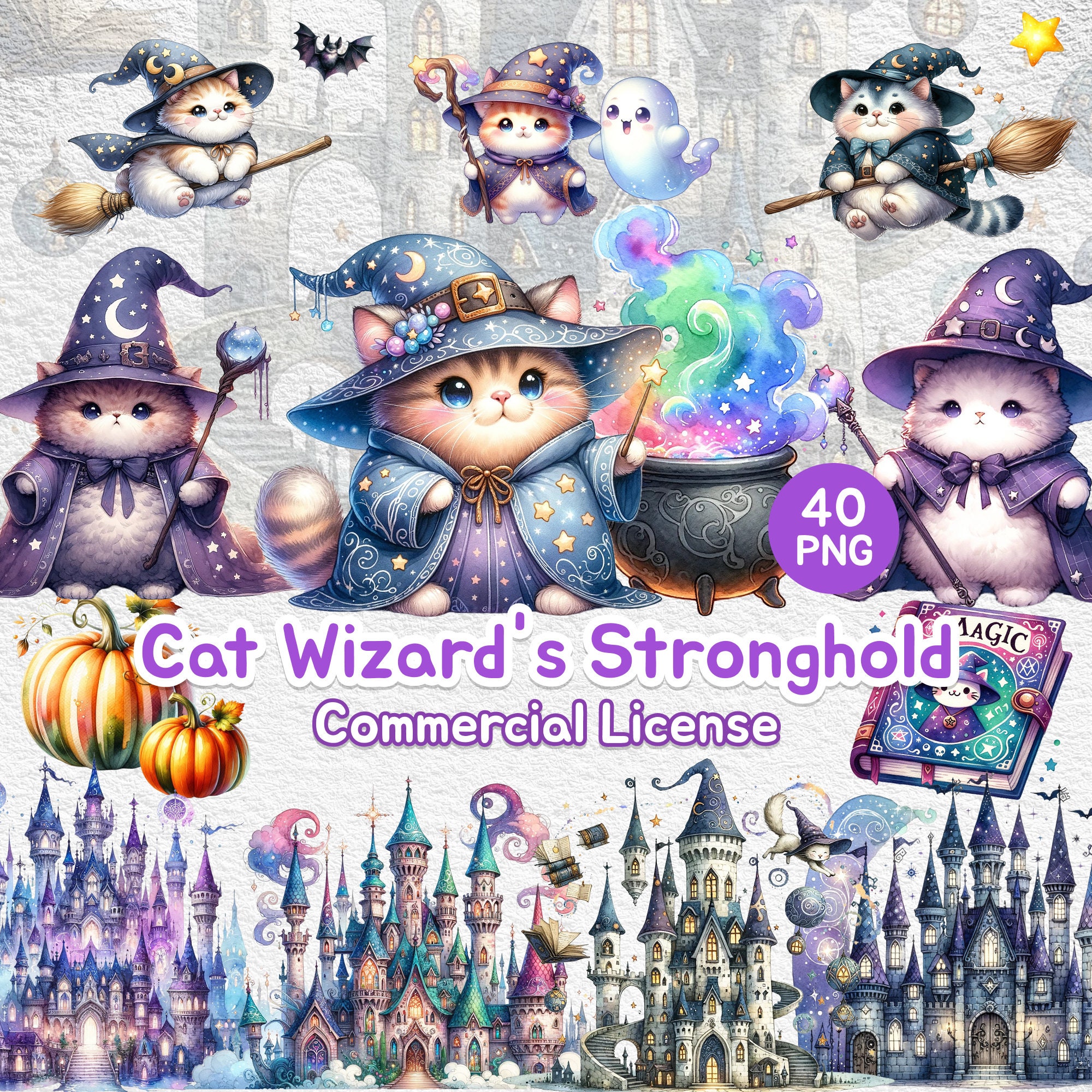 Cat Wizard's Stronghold Clipart- Wizard Clipart, Cat Clipart, Castle ...