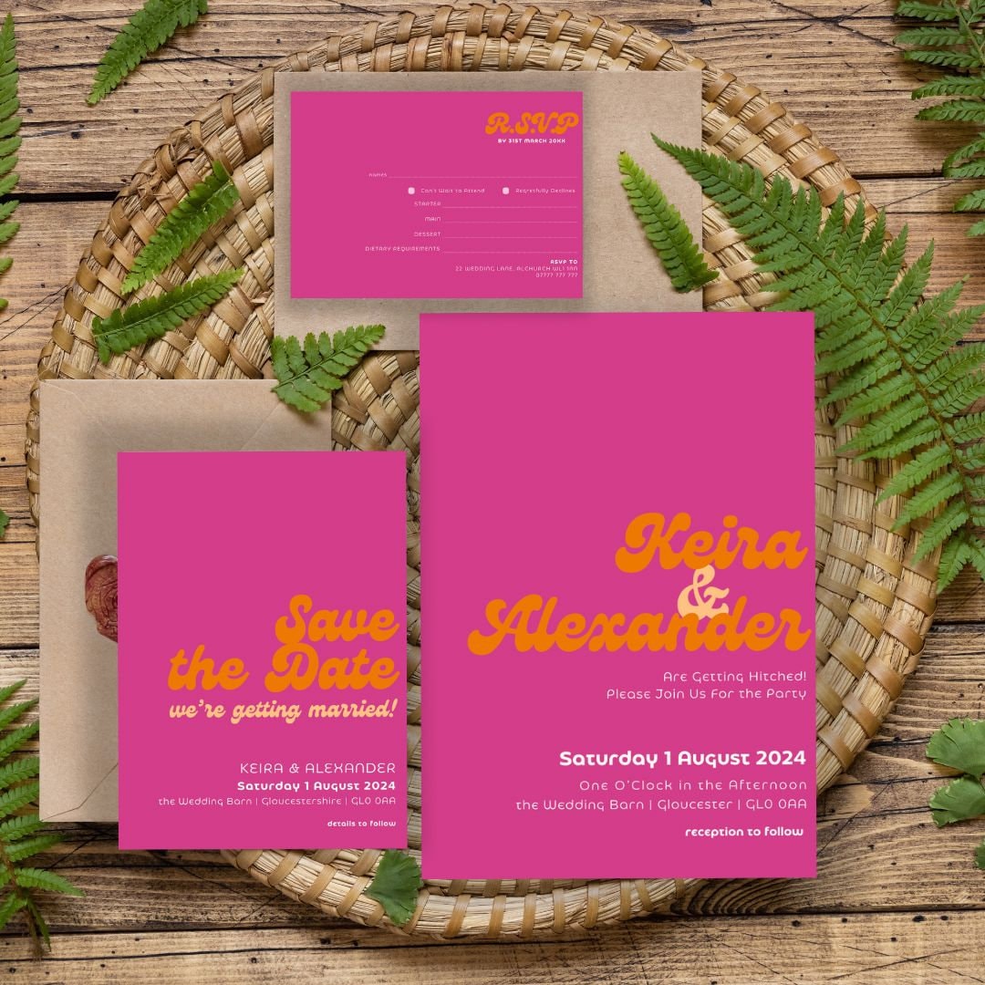 Retro Wedding Invitation Set, Kitsch Wedding Stationery, Bright Orange ...