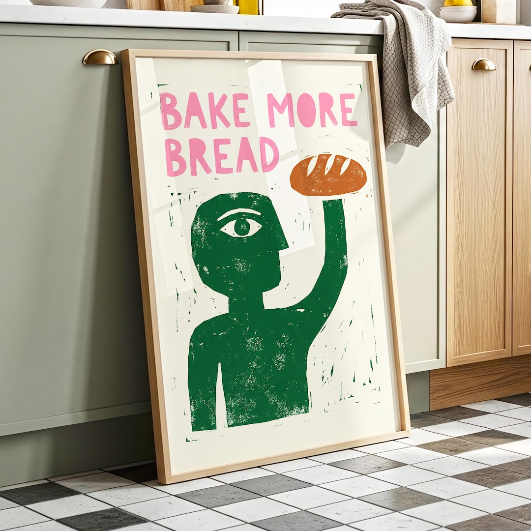 Bake More Bread Wall Art · Bread Kitchen Print · Folk Art Quote Poster ...