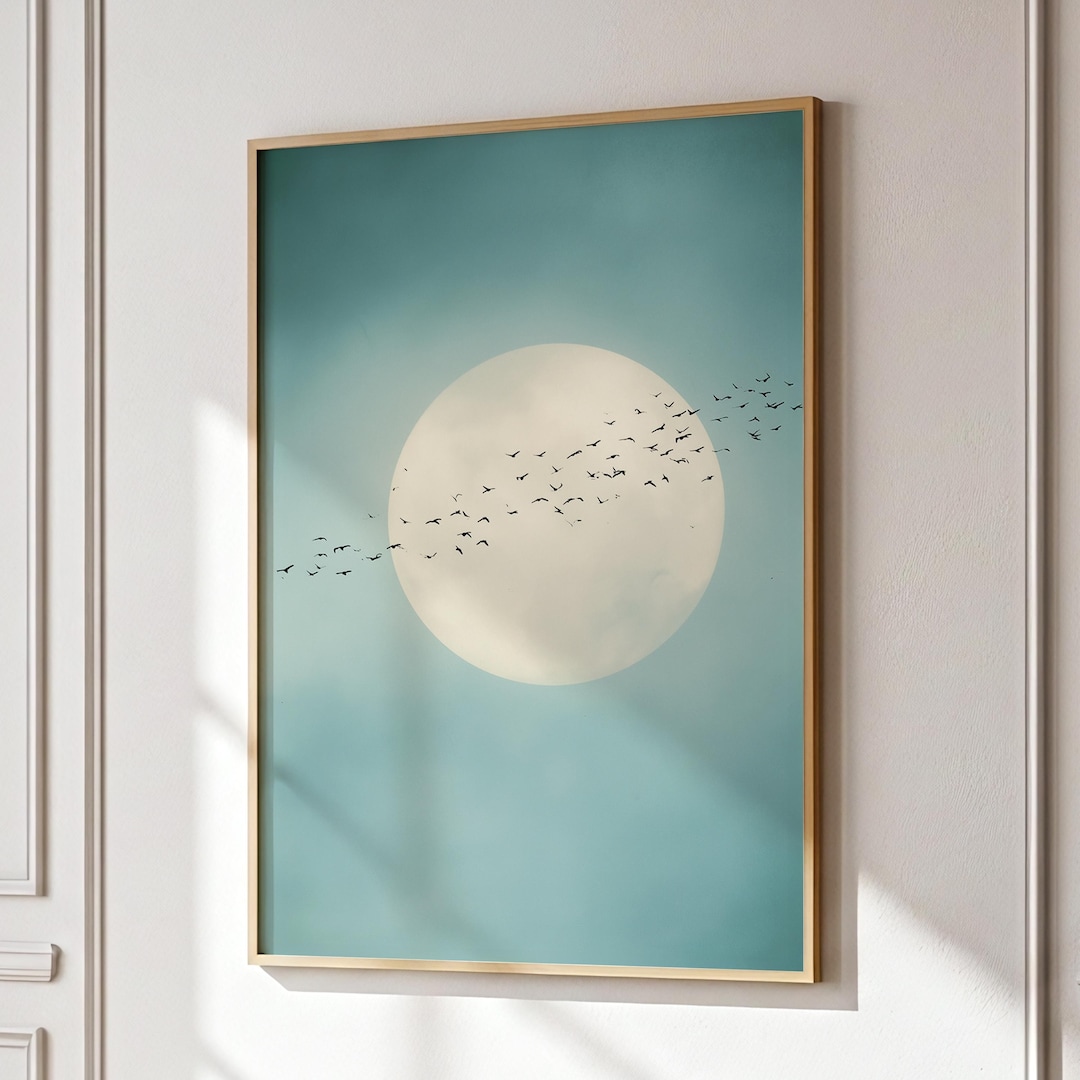 Soft Blue Moon With Birds Wall Art · Minimalist Scandi · Abstract Moon ...
