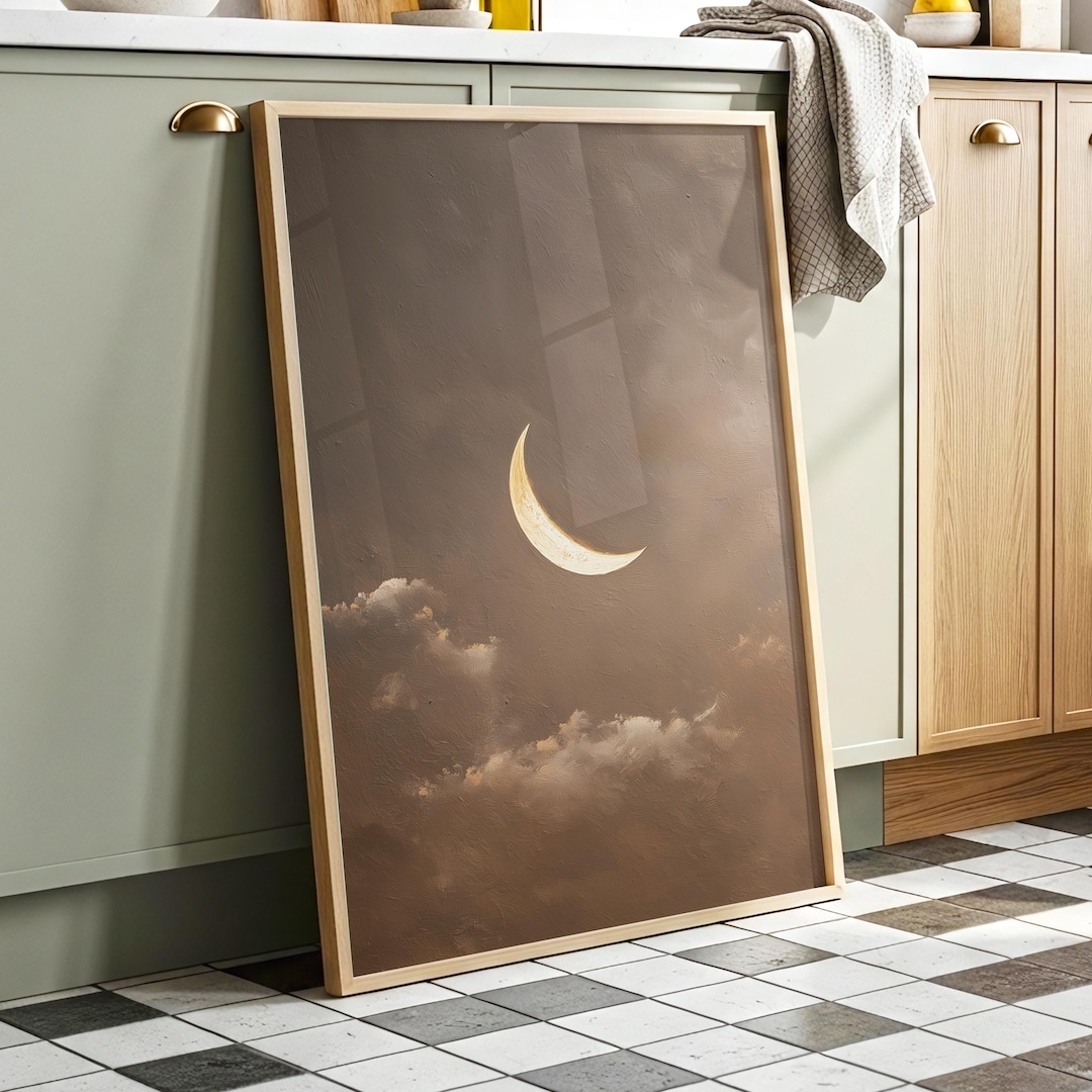 Soft Sickle Moon – Neutral Crescent Moon Print in Taupe Sky, Dreamy ...