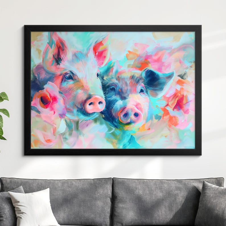 Pigs Abstract Pastel Oil Painting Framed Print & Framed Canvas Large ...