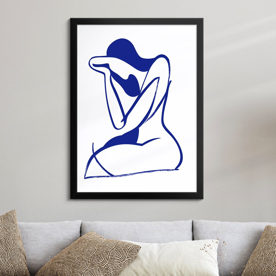 Minimalist Blue Woman Face Line Art Framed Print & Framed Canvas Female ...