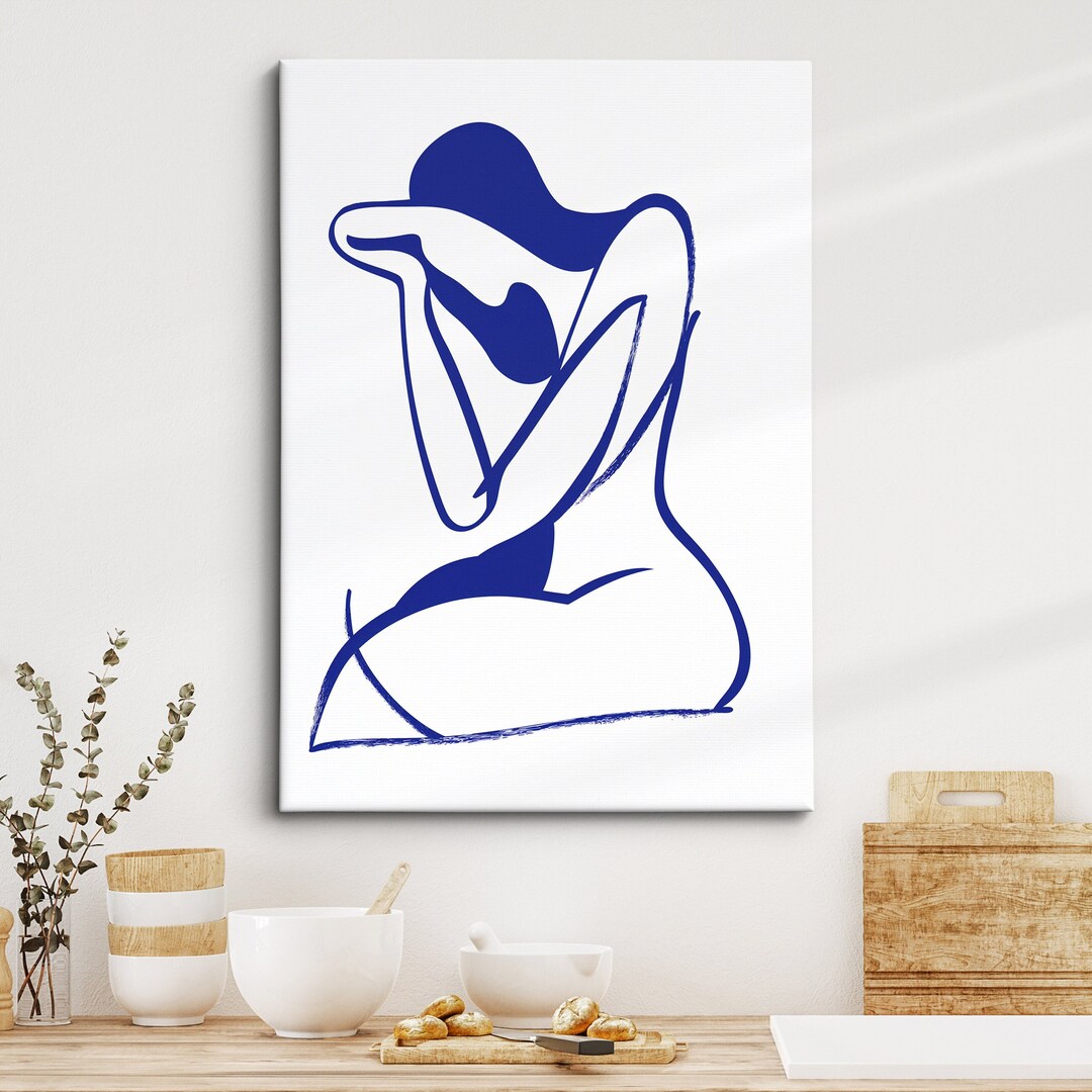 Minimalist Blue Woman Face Line Art Framed Print & Framed Canvas Female ...