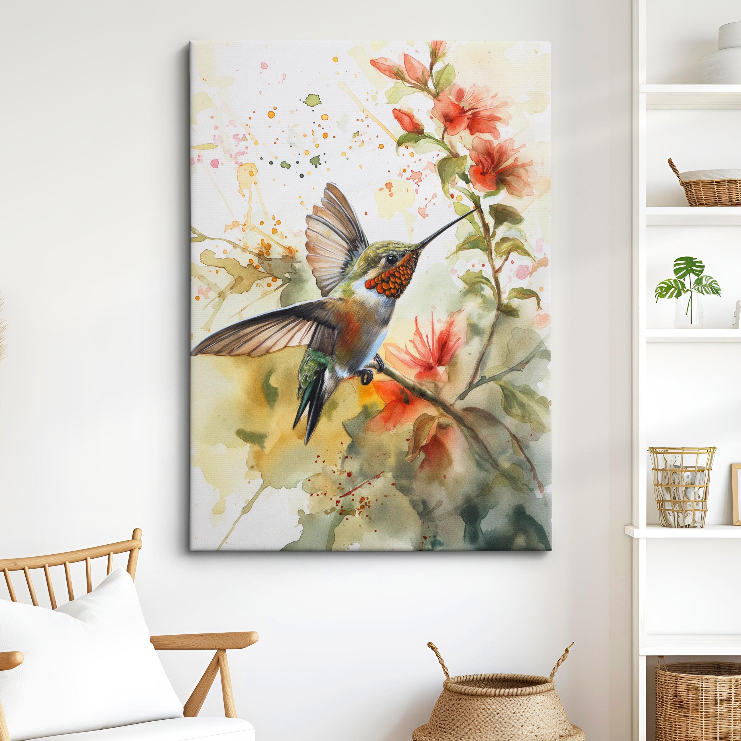 Elegant Hummingbird Canvas Art Watercolor Floral Painting Nature ...