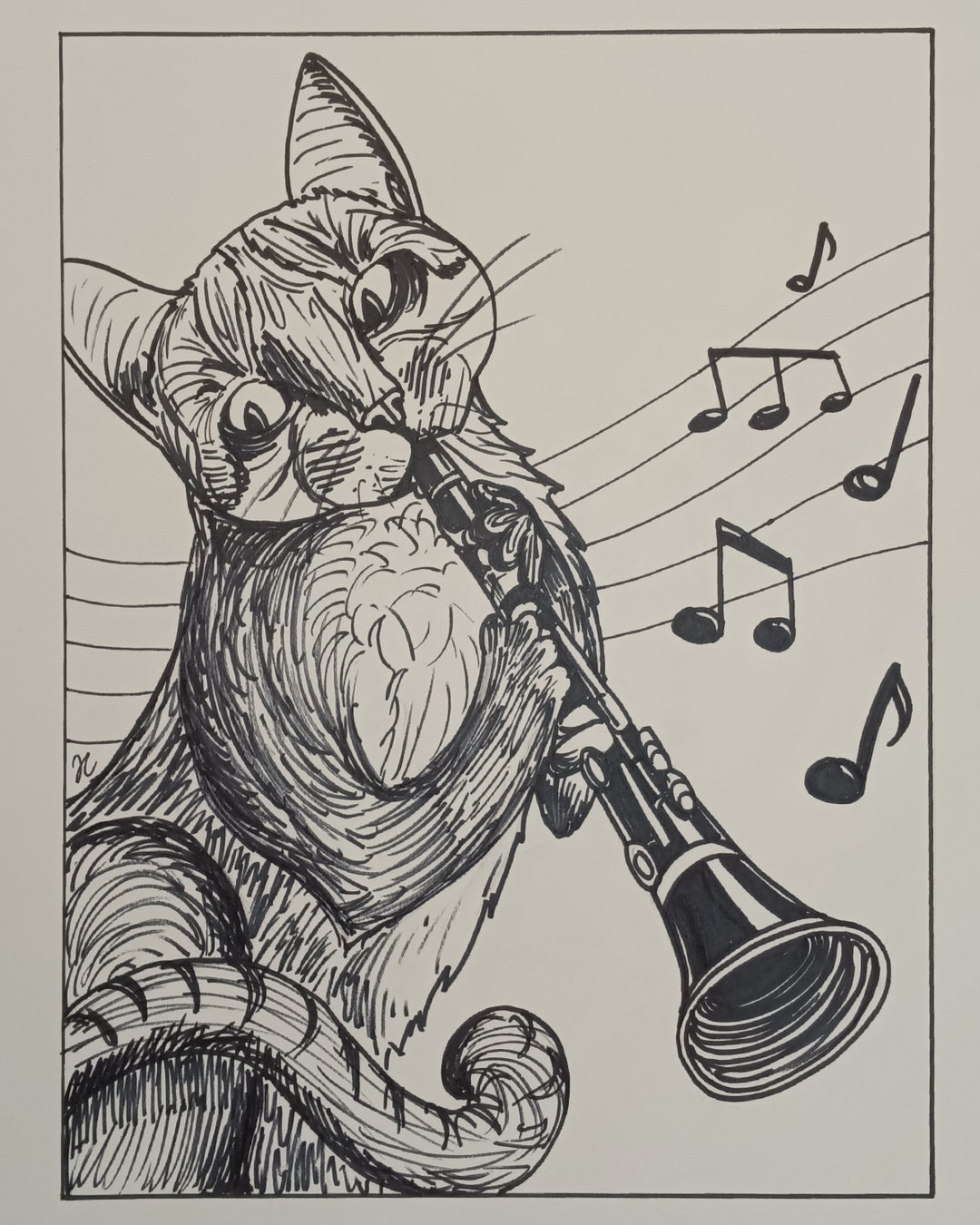 Clarinet Cat Ink Drawing - Etsy