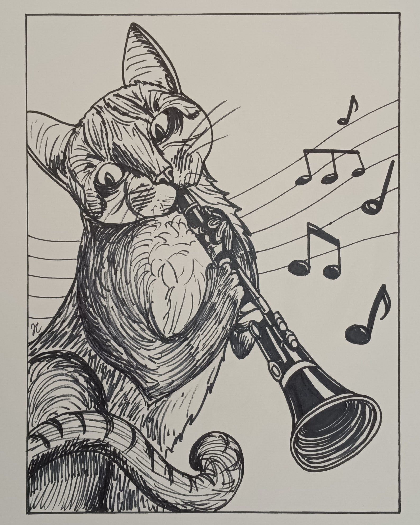 Clarinet Cat Ink Drawing - Etsy