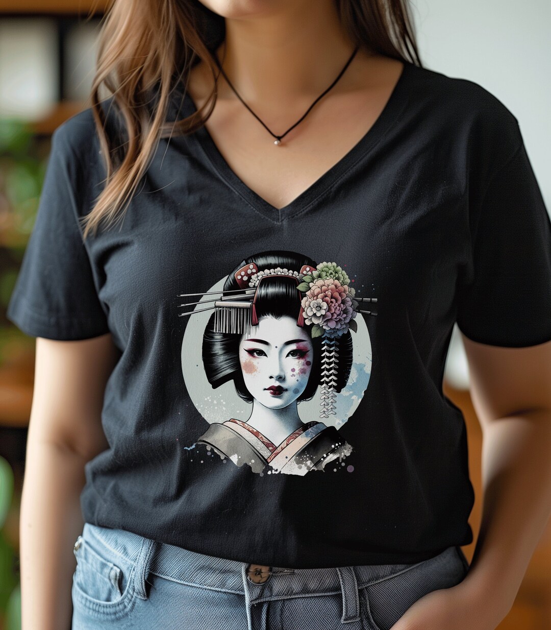 Vintage Geisha V-neck Tee - Art, Artistic, Japanese, Nihongami, Unisex ...