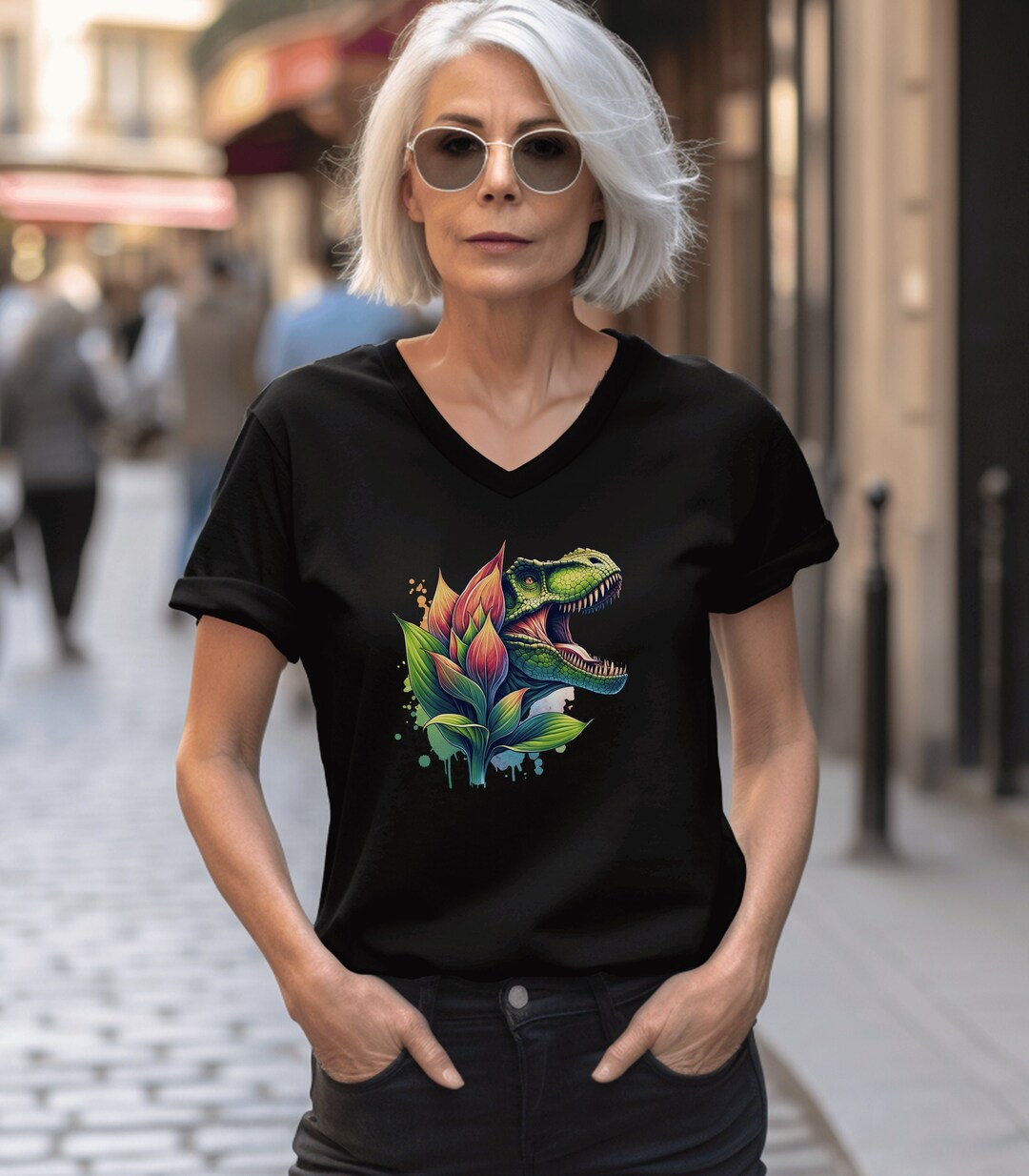 Hosta T-rex V-neck Tee - Art, Dinosaur, Plant, Fauna, Carnivore, Unisex ...