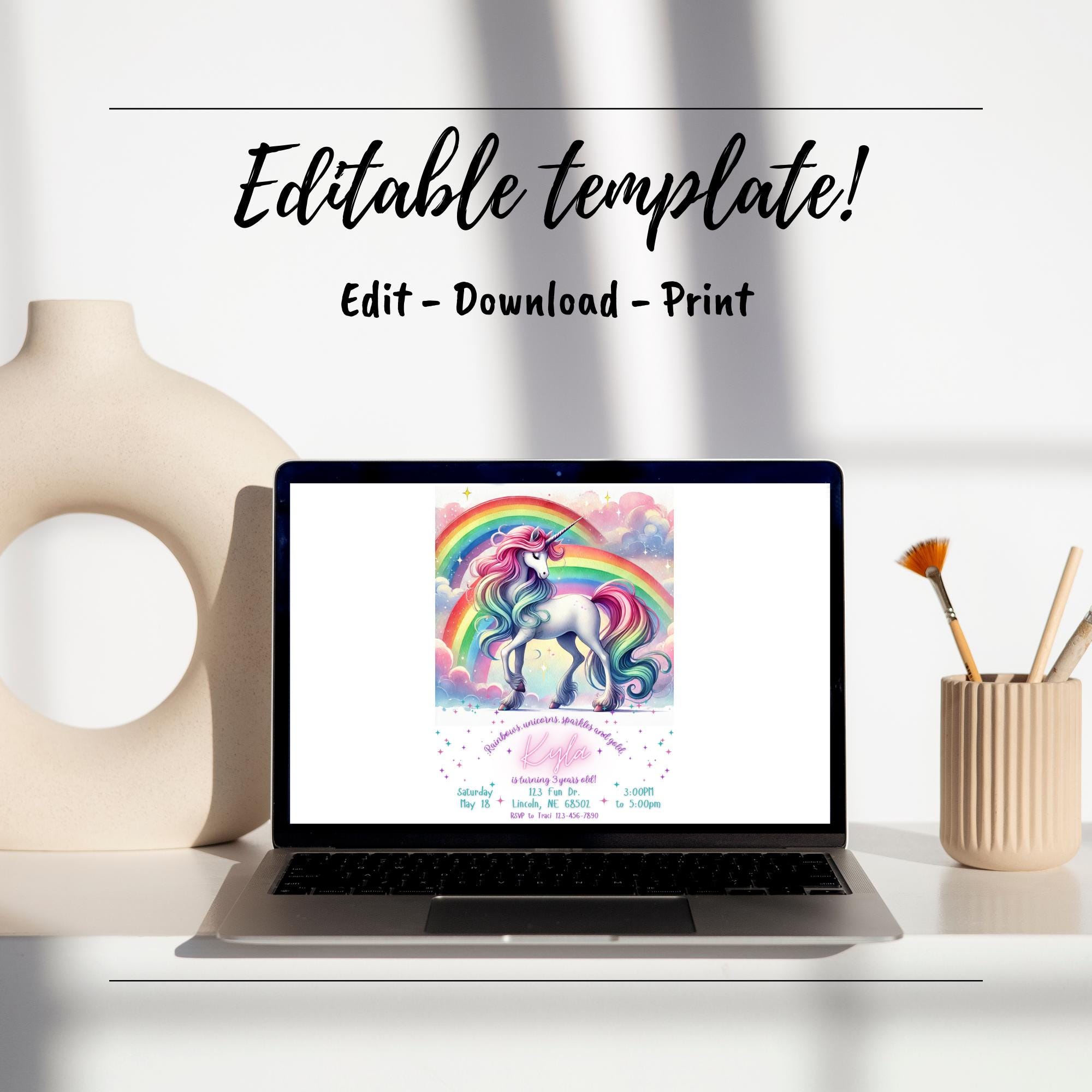Editable Unicorn Party Invitation - Rainbows, Unicorns, Sparkles, and ...