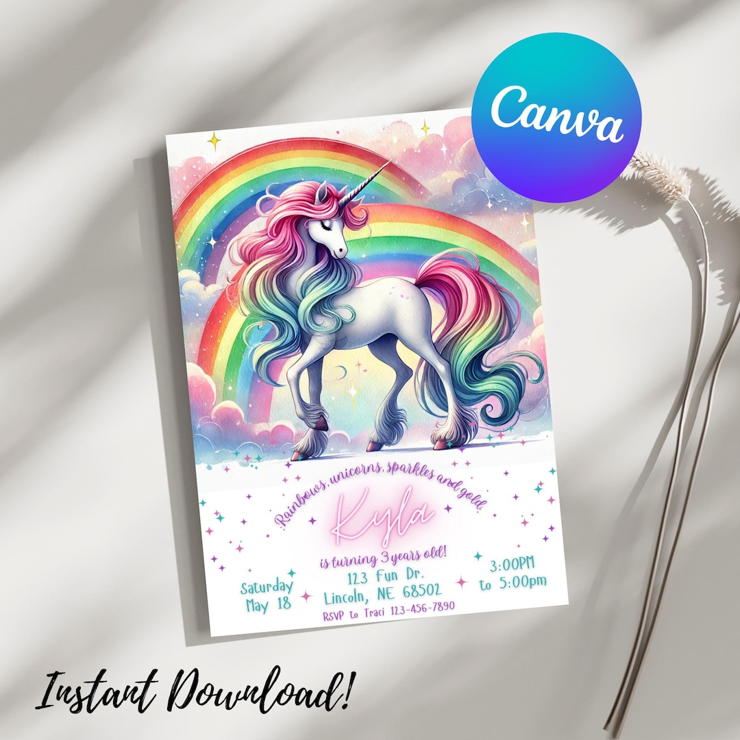 Editable Unicorn Party Invitation - Rainbows, Unicorns, Sparkles, and ...