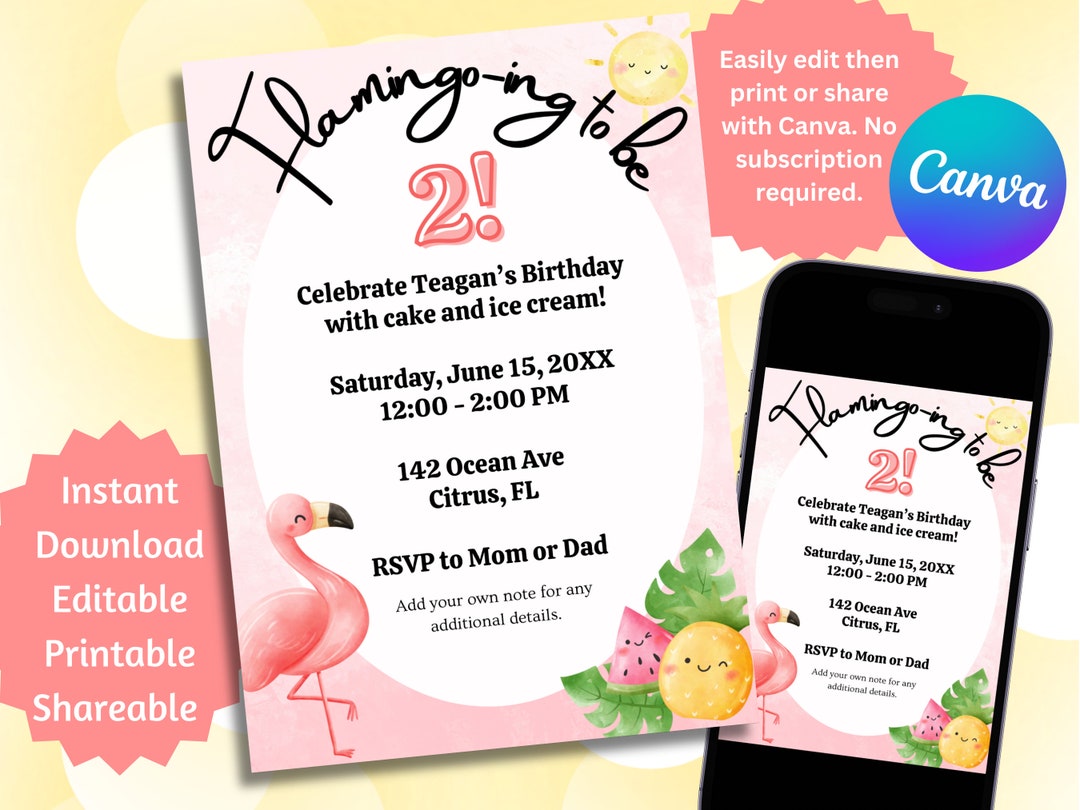 Flamingo Party Invitation Template - Etsy