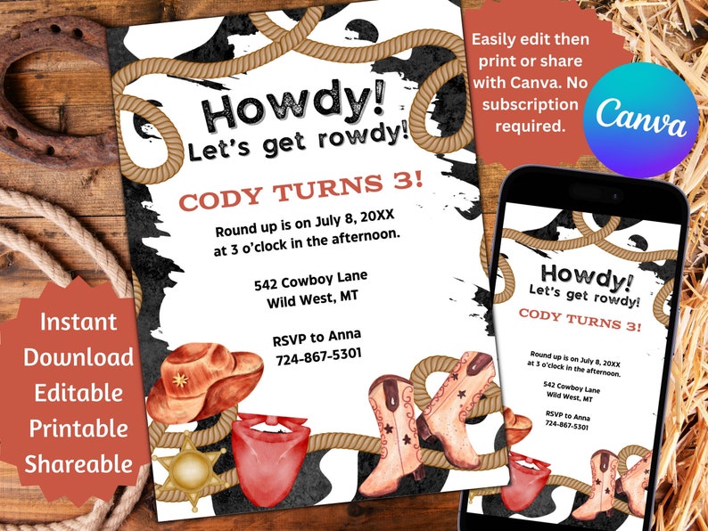 Cowboy Party Invitation Template - Etsy