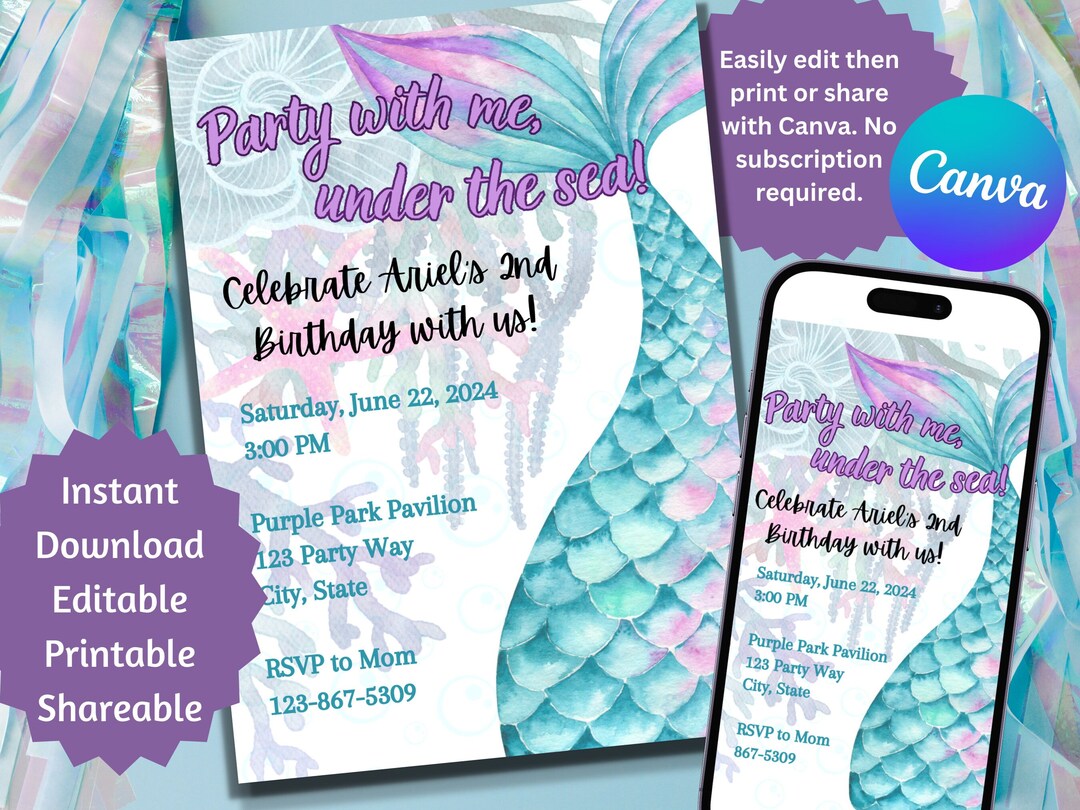 Mermaid Party Invitation Template - Etsy