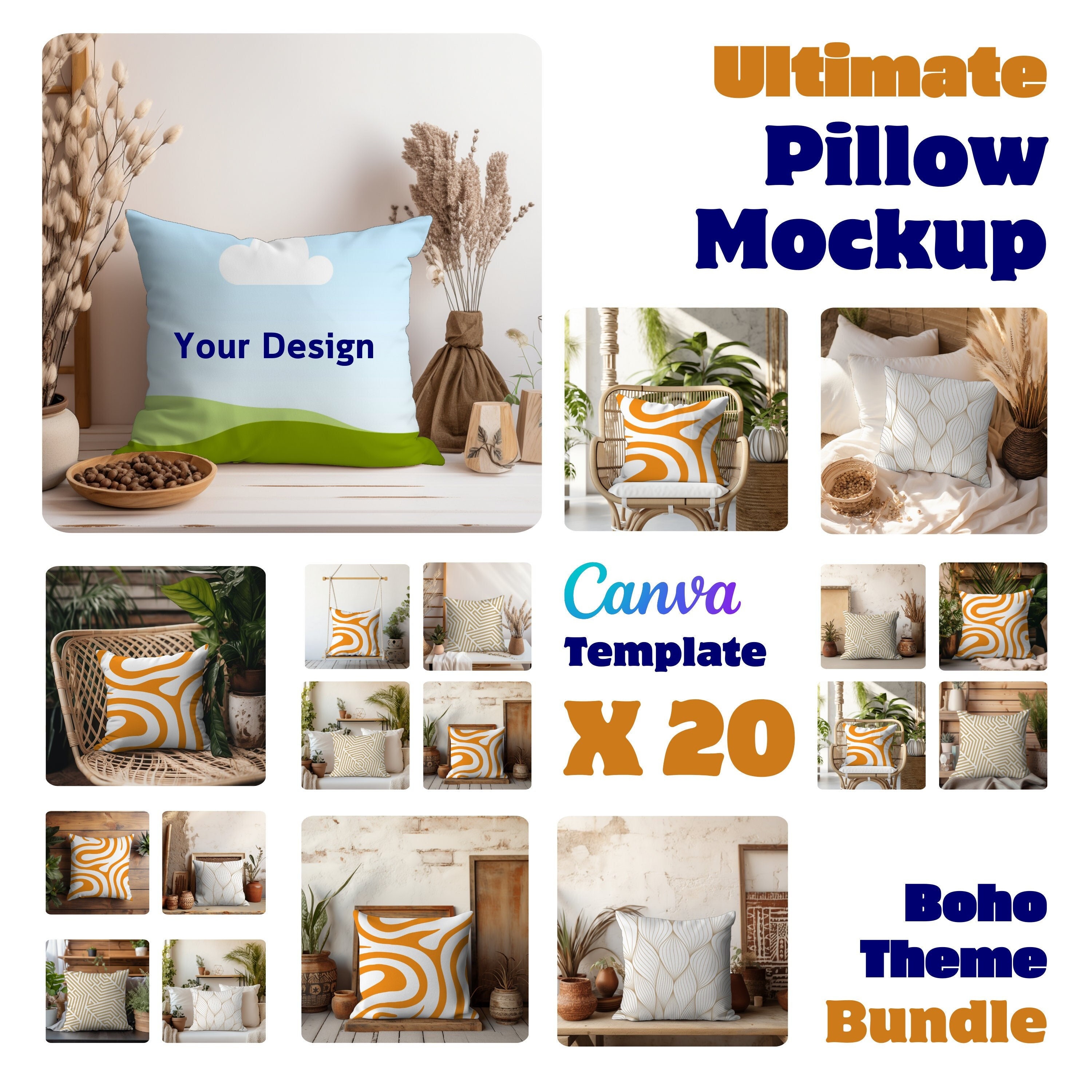 Ultimate Pillow Mockup Bundle Canva Template Boho Aesthetic, Throw ...