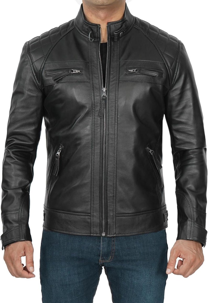 Leather Jacket for Men Cafe Racer Style Real Lambskin Leather ...