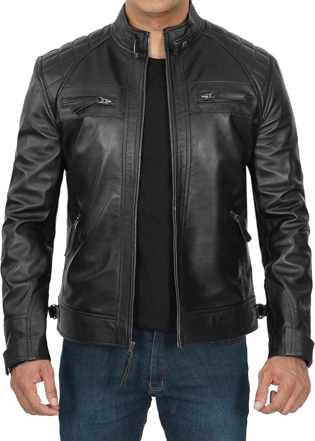 Leather Jacket for Men Cafe Racer Style Real Lambskin Leather ...