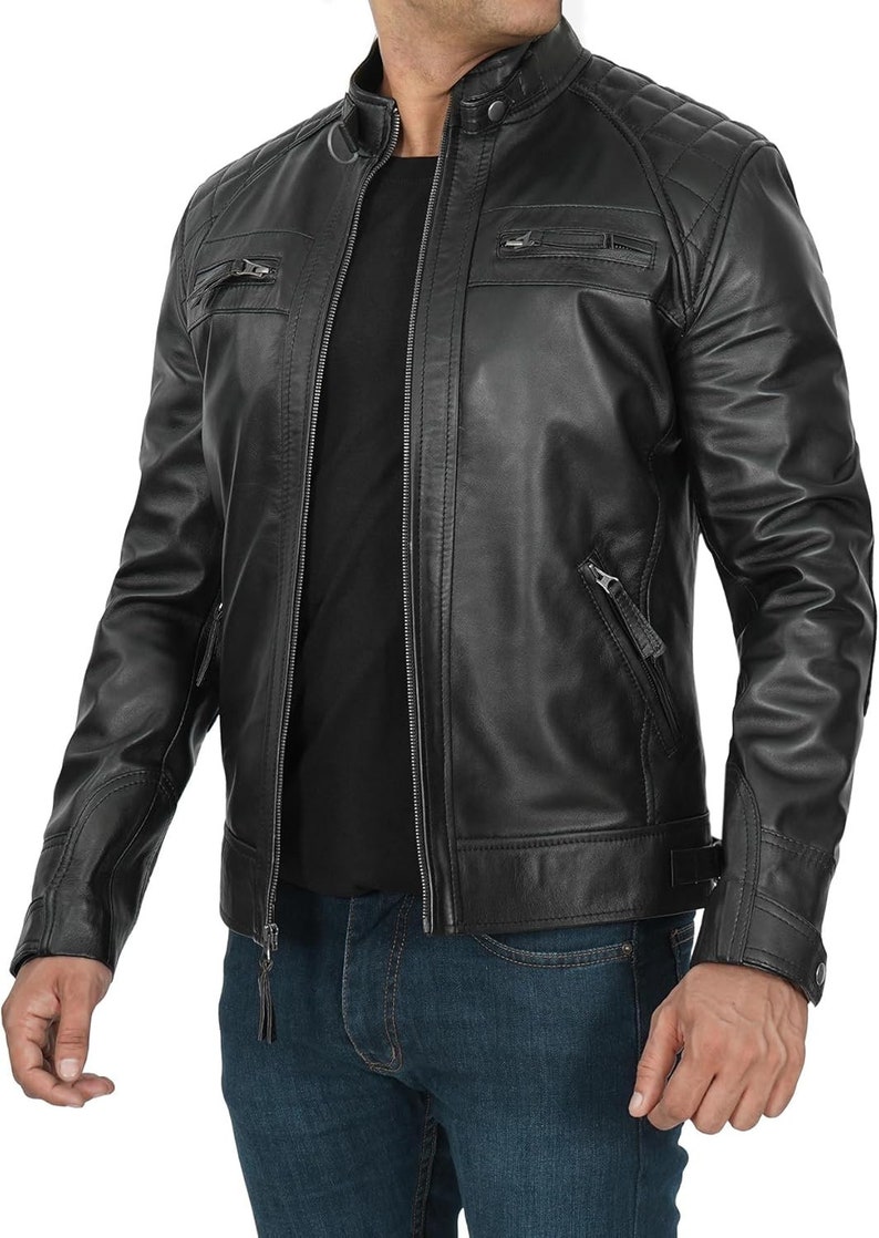 Leather Jacket for Men Cafe Racer Style Real Lambskin Leather ...