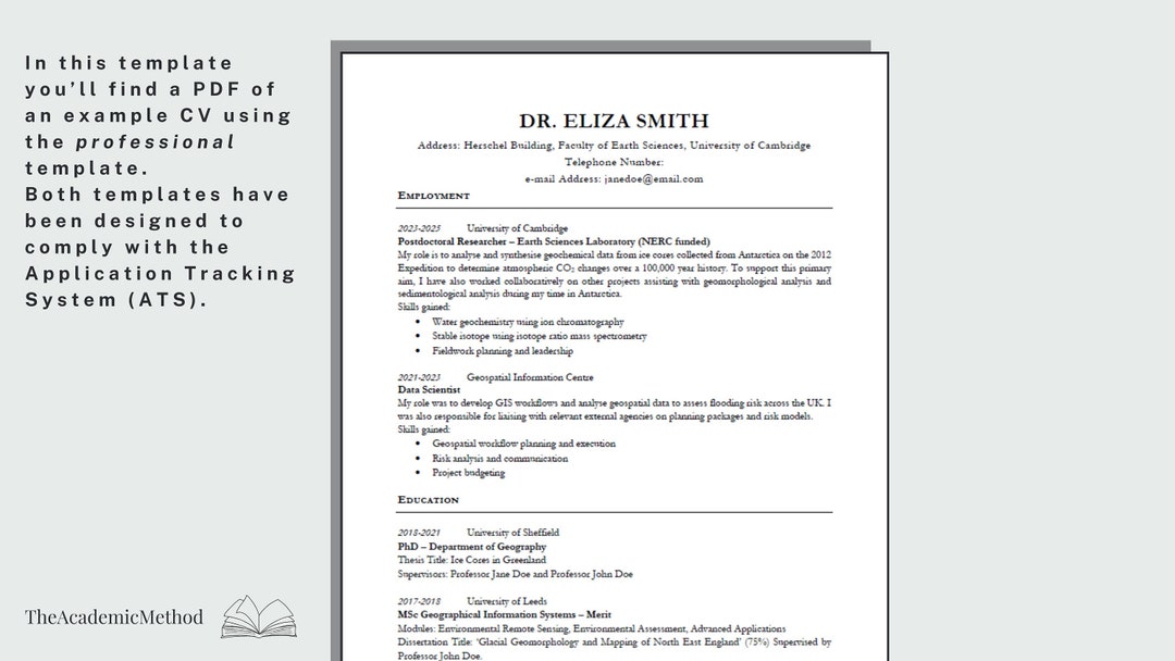 Editable Academic CV Template (ATS Friendly) - Etsy