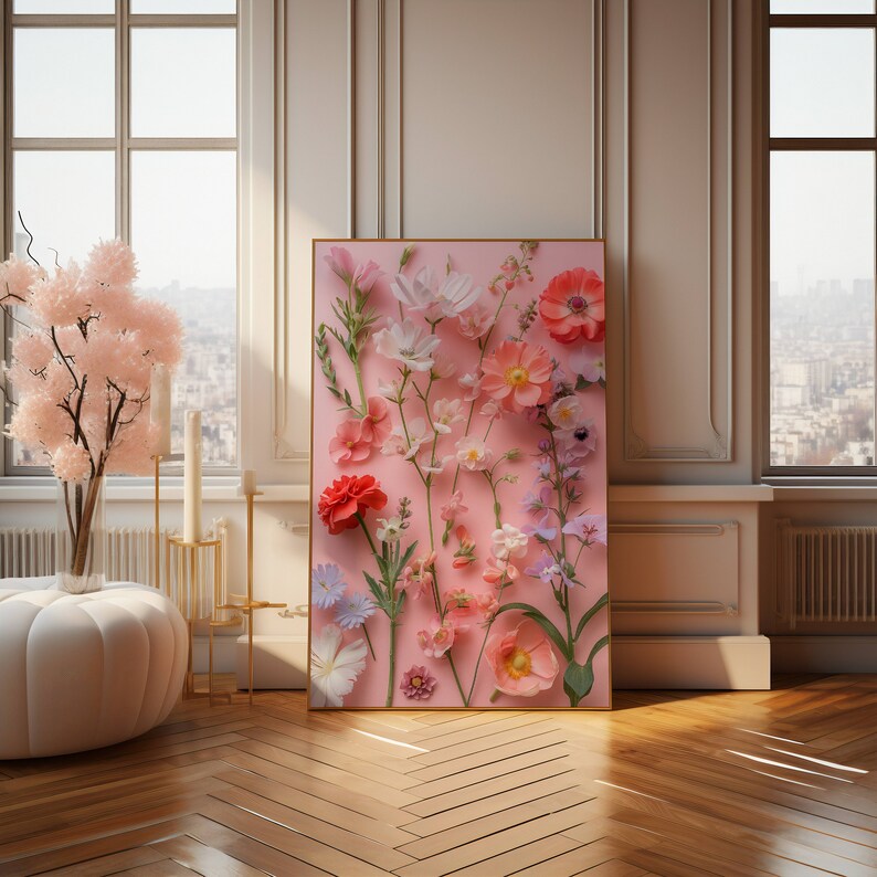 Flower Flat Lay Art: Spring Flowers on a Pastel Pink Background - Etsy