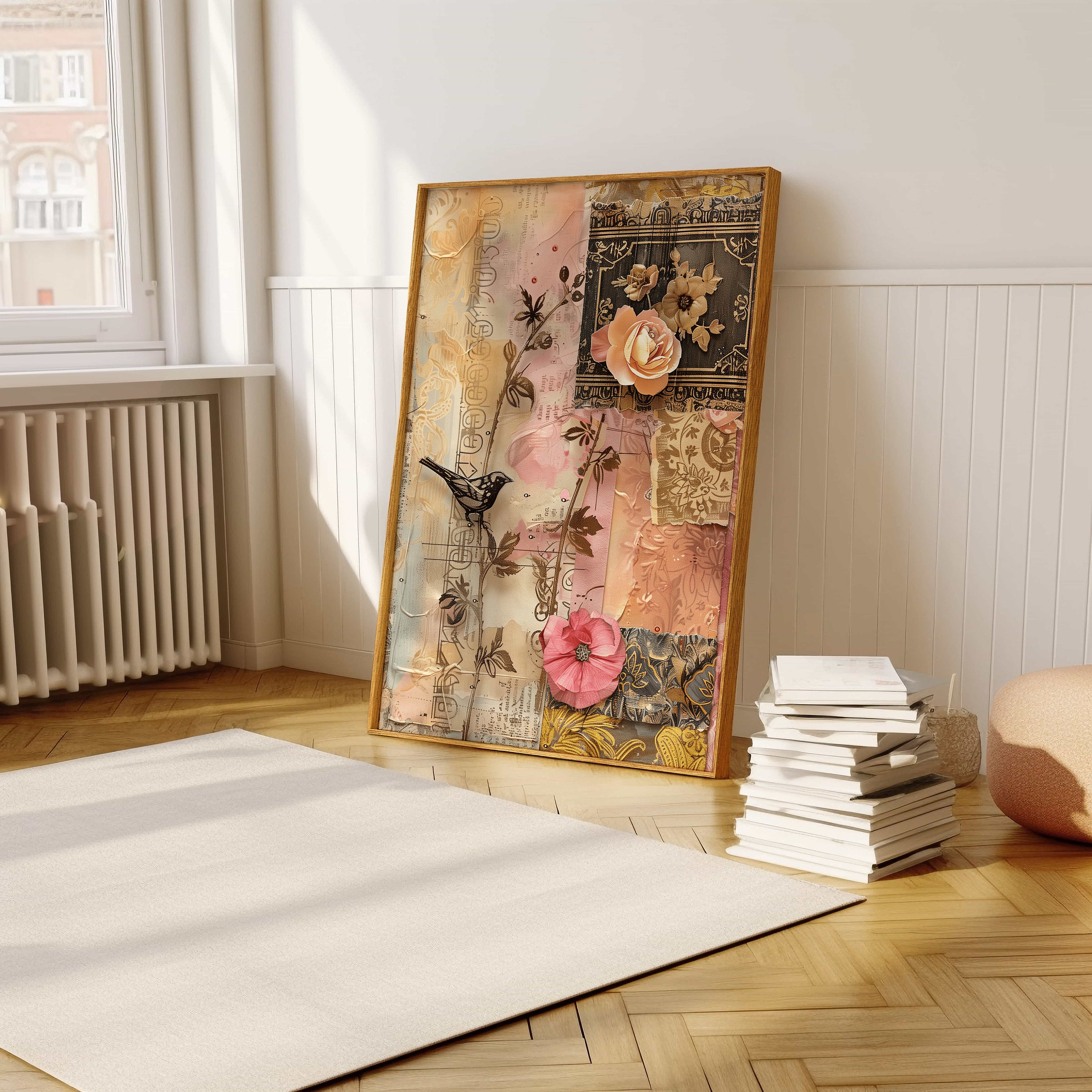 Vintage Floral Collage Poster Stunning Bird & Flower Art for Home Decor ...