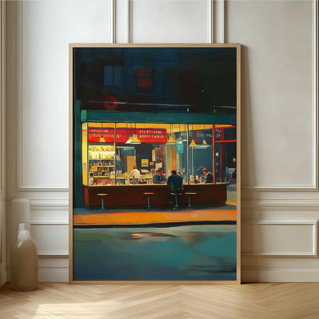 Vintage Diner Art Poster - Nighttime Cityscape in Retro Style Wall ...
