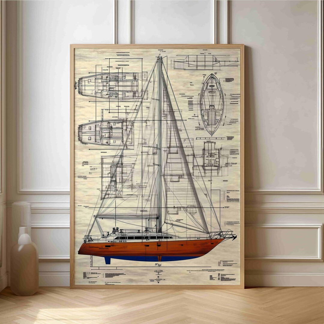 Nautical Architecture Poster - Vintage Sailing Yacht Blueprint Decor - Etsy