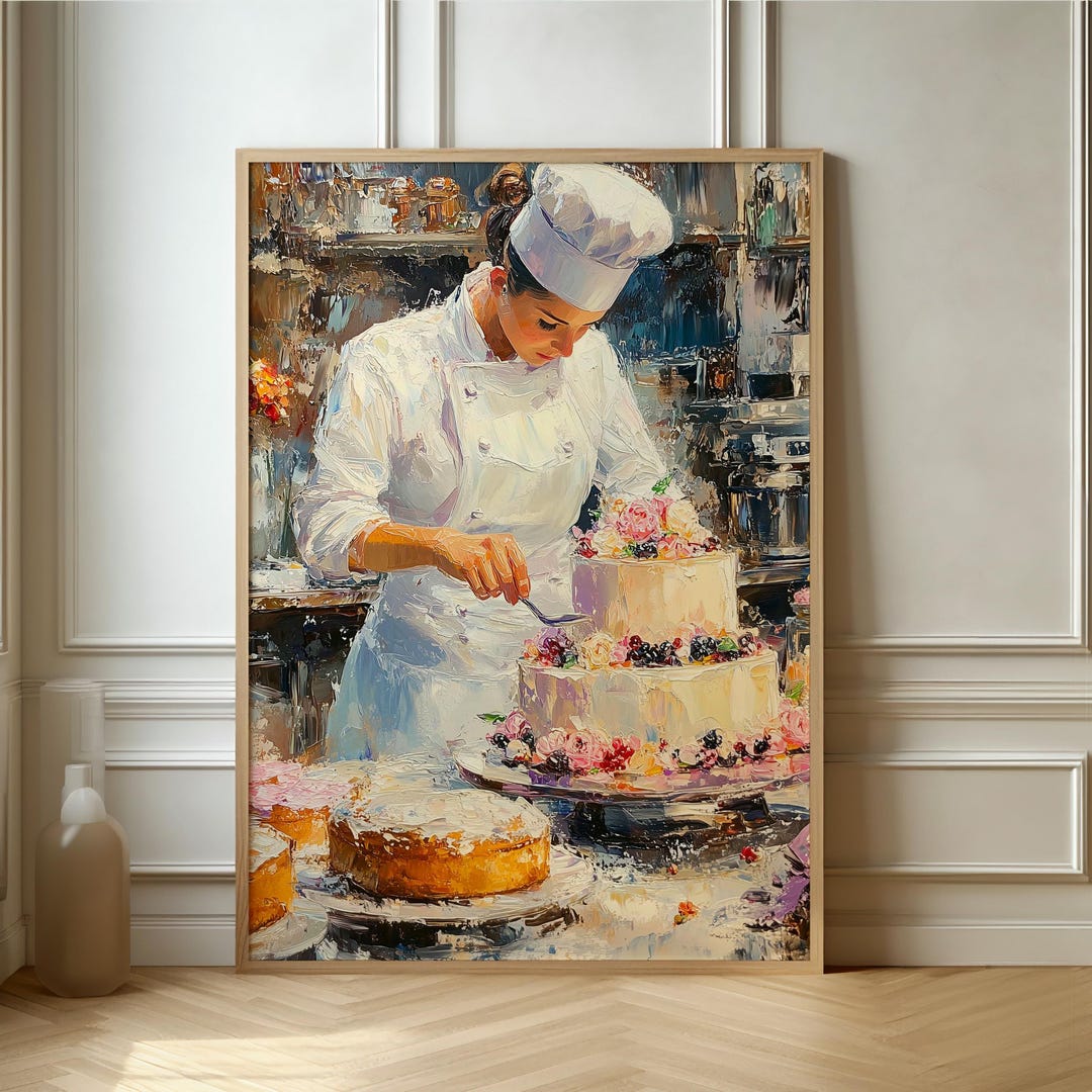 Pastry Chef Cake Decorating Art Print – Kitchen Impressionist Painting ...