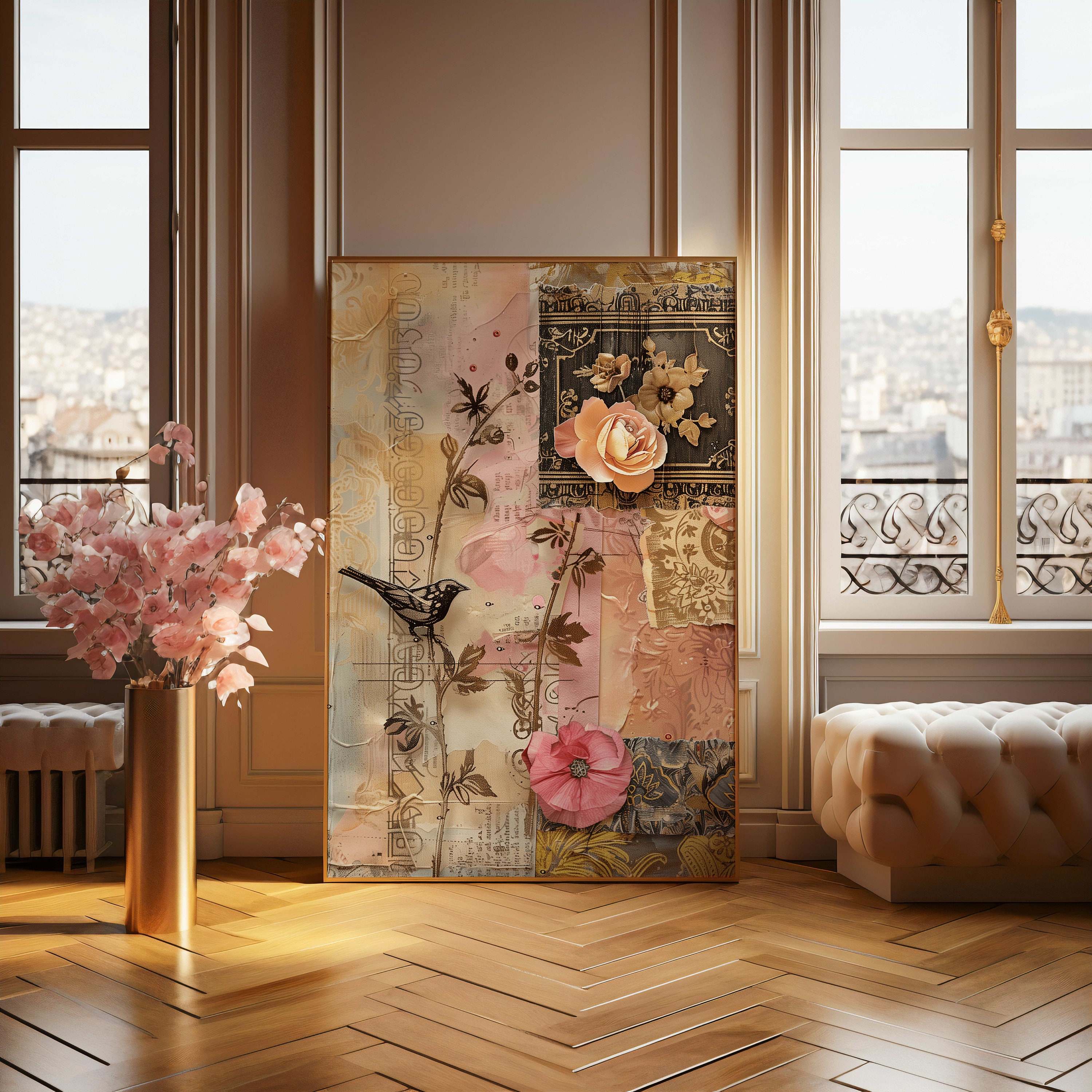 Vintage Floral Collage Poster Stunning Bird & Flower Art for Home Decor ...