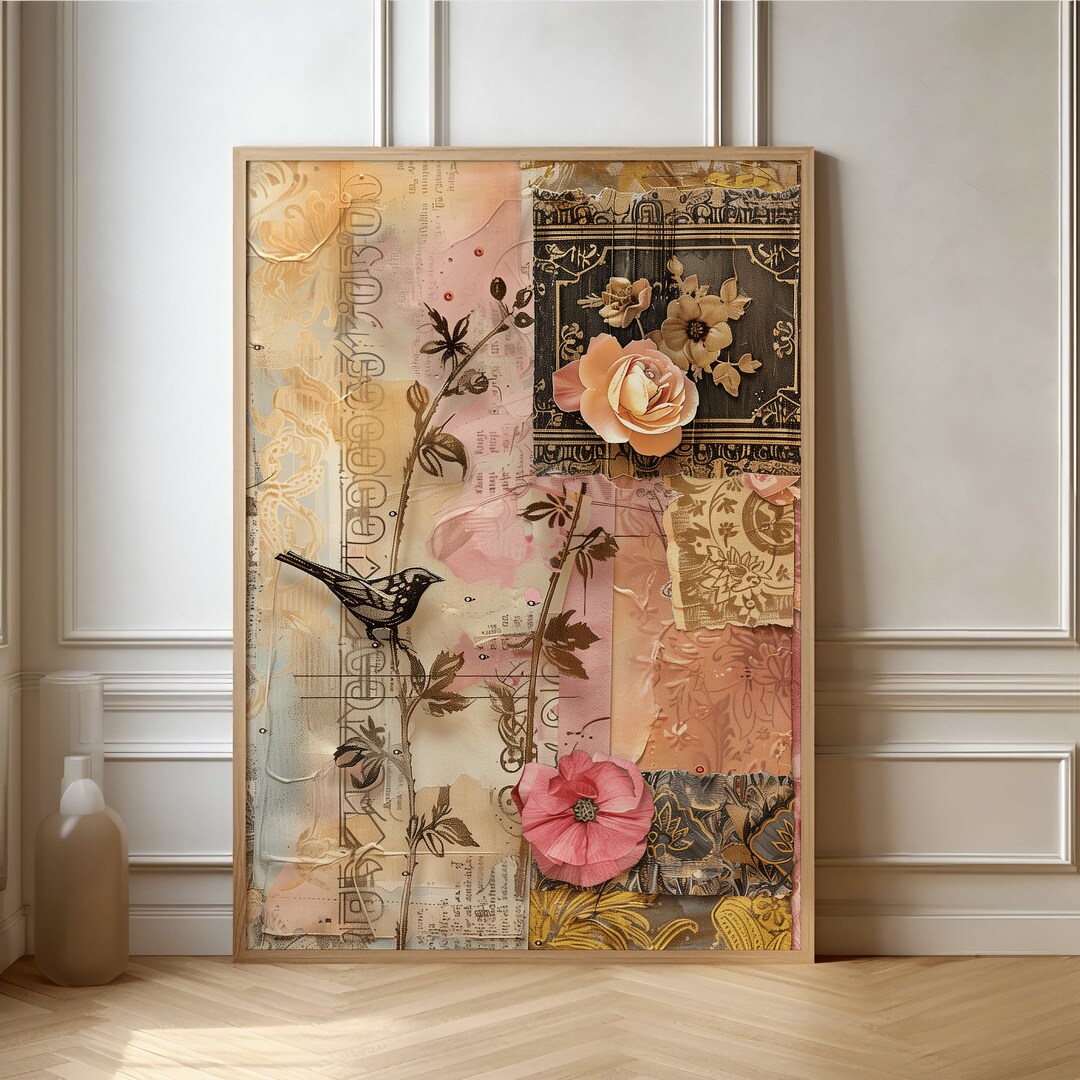 Vintage Floral Collage Poster - Stunning Bird & Flower Art for Home ...