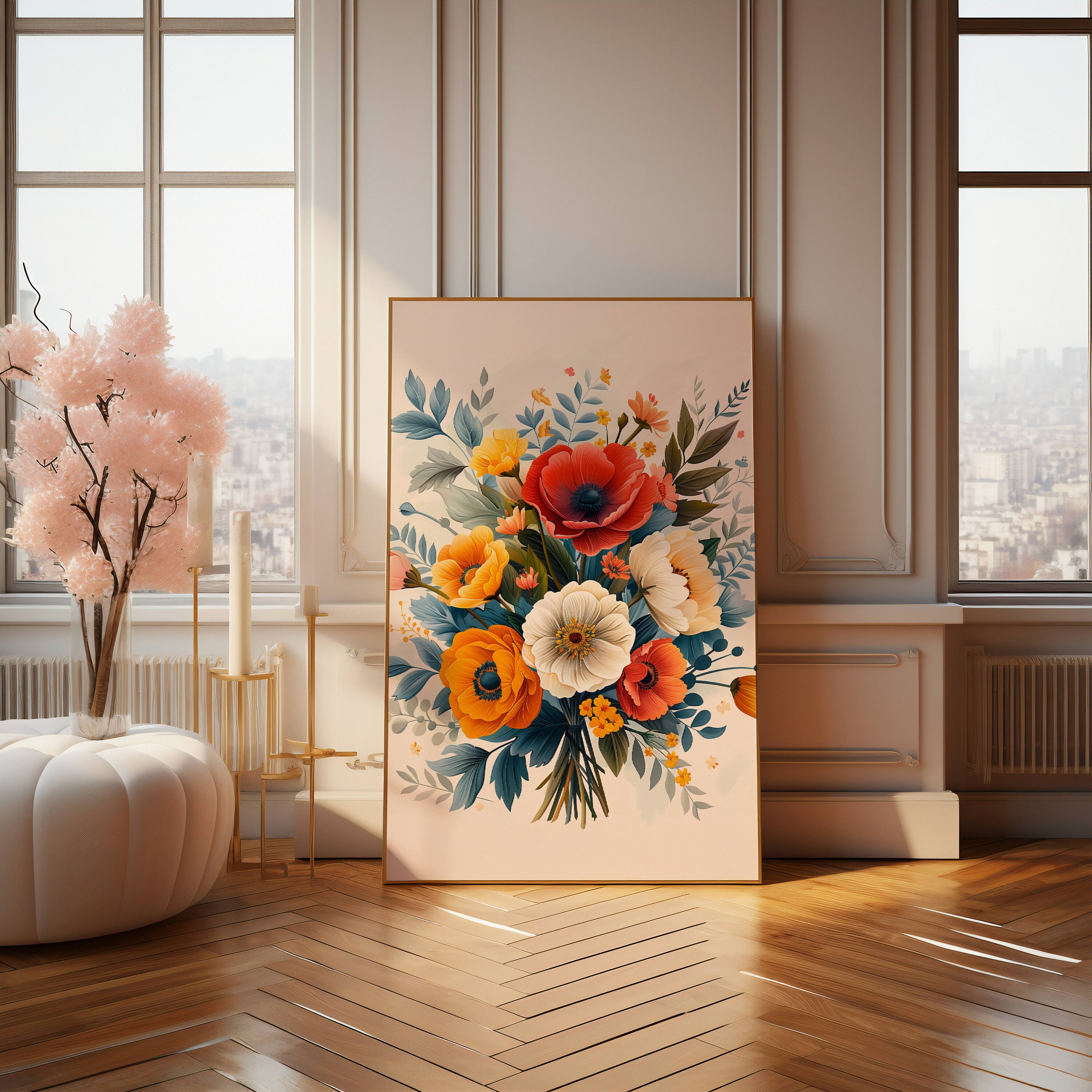 Vintage Flower Bouquet: Bright and Colorful Poppies, Tulips, and ...