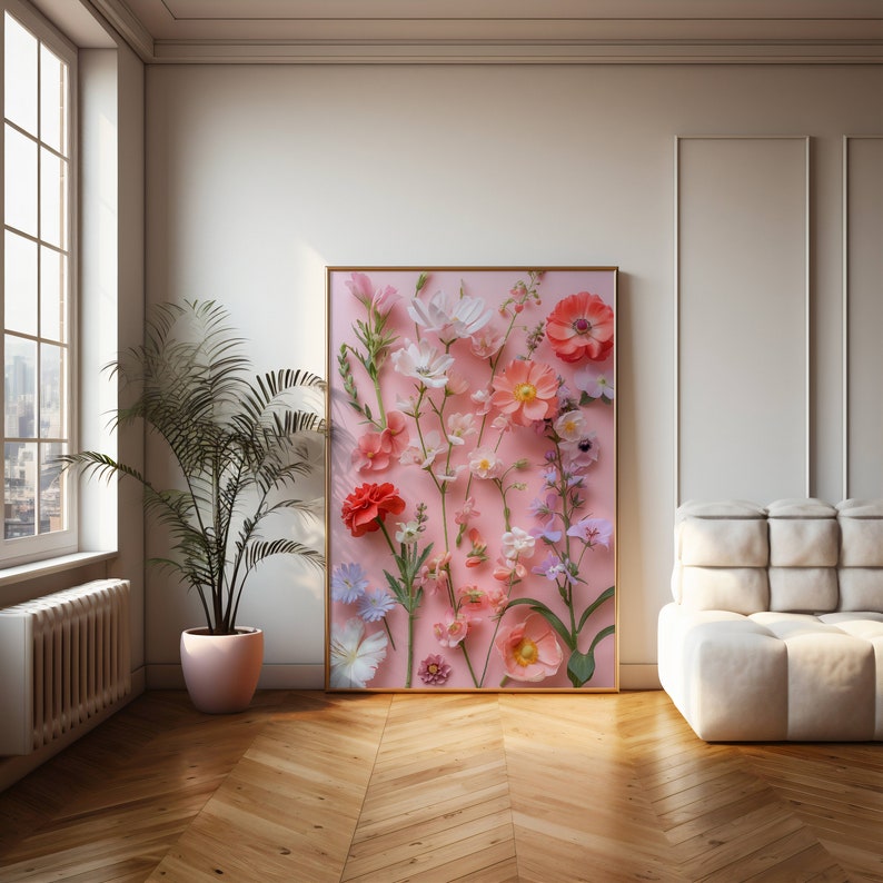 Flower Flat Lay Art: Spring Flowers on a Pastel Pink Background - Etsy