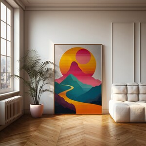 Retro 80s Minimalist Mountain Landscape Poster - Sunset and River Scene ...