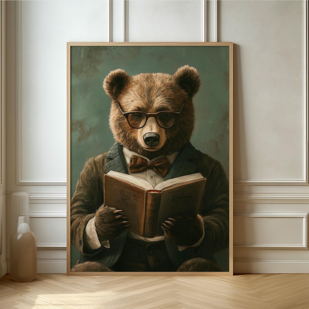 Dapper Bear Reading - Charming Animal Portrait, Whimsical Vintage Art ...
