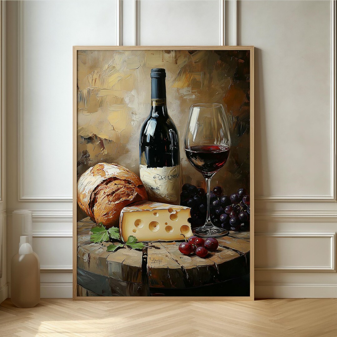 Gourmet Indulgence Poster Artful Wine, Cheese and Bread Still Life ...