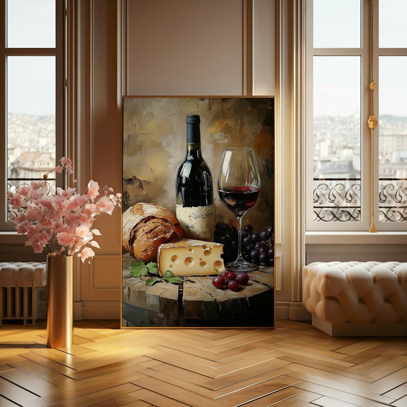 Gourmet Indulgence Poster - Artful Wine, Cheese and Bread Still Life ...