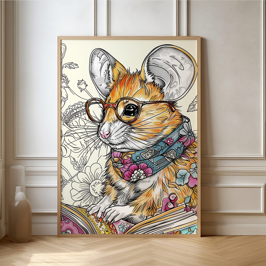 Charming Illustrated Mouse With Glasses and Floral Accents - Whimsical ...