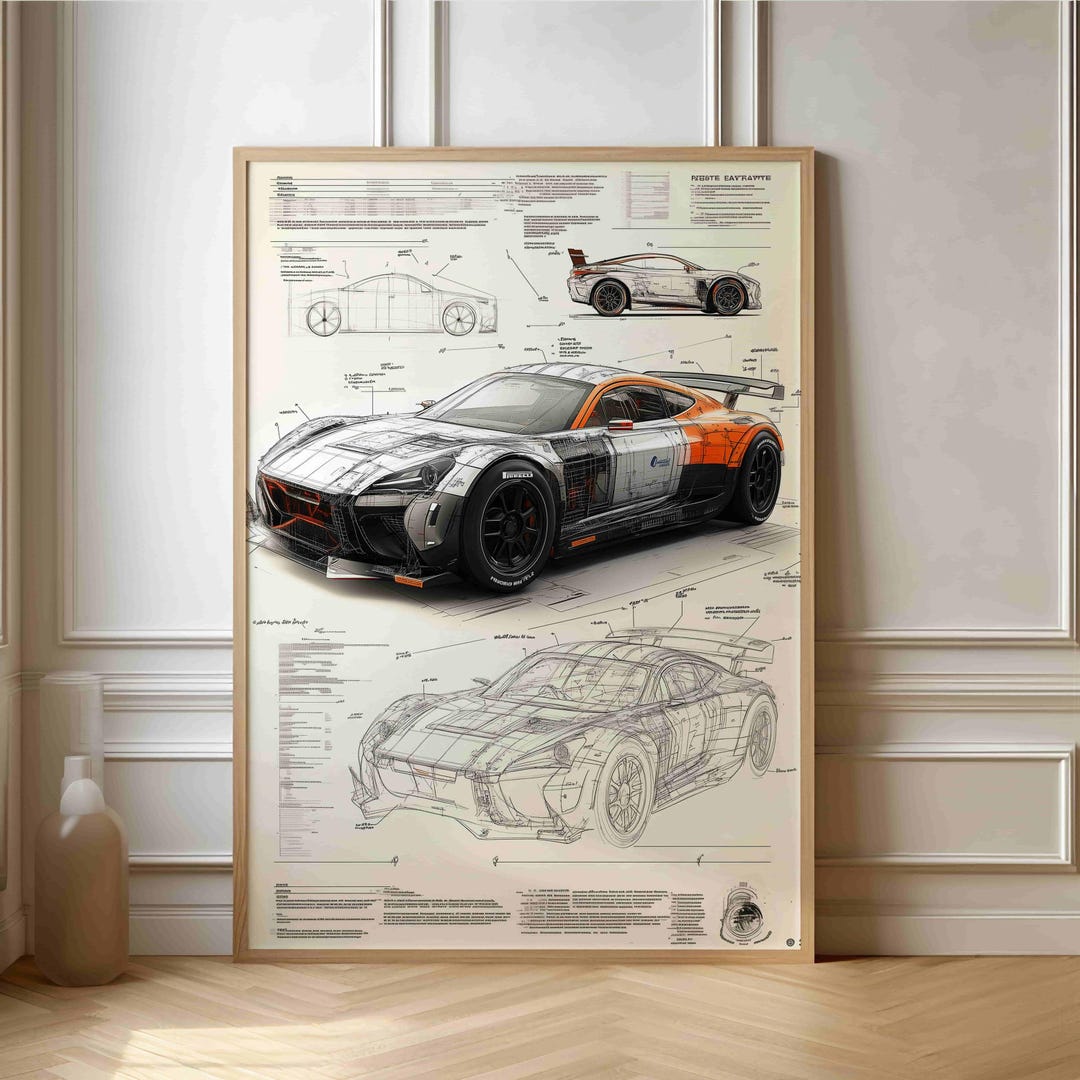 Detailed Sports Car Blueprint Poster - Automotive Sketch Art for ...