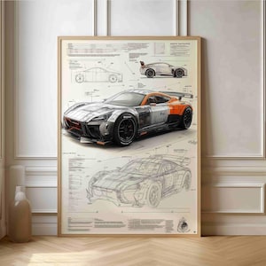 Detailed Sports Car Blueprint Poster - Automotive Sketch Art for ...