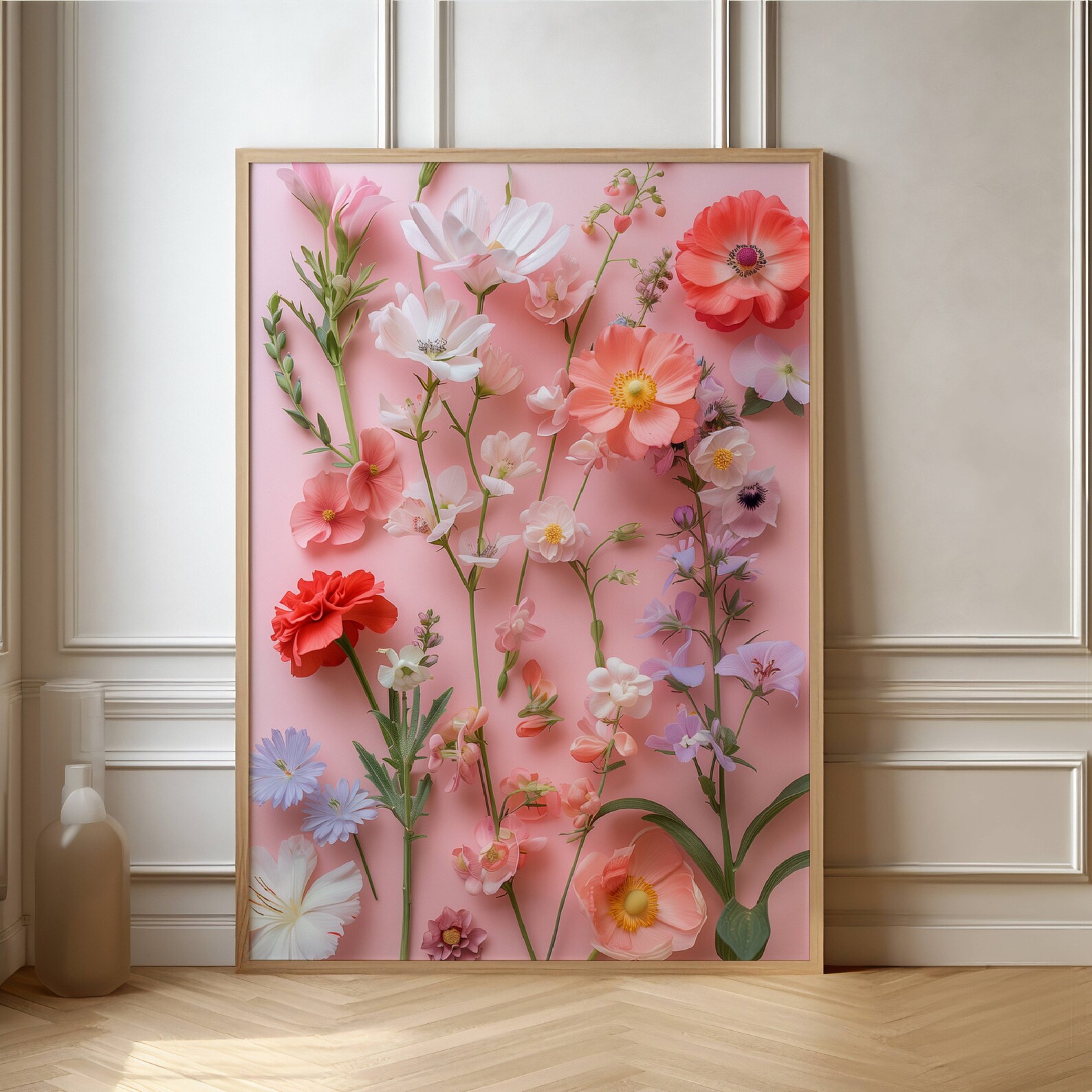 Flower Flat Lay Art: Spring Flowers on a Pastel Pink Background - Etsy